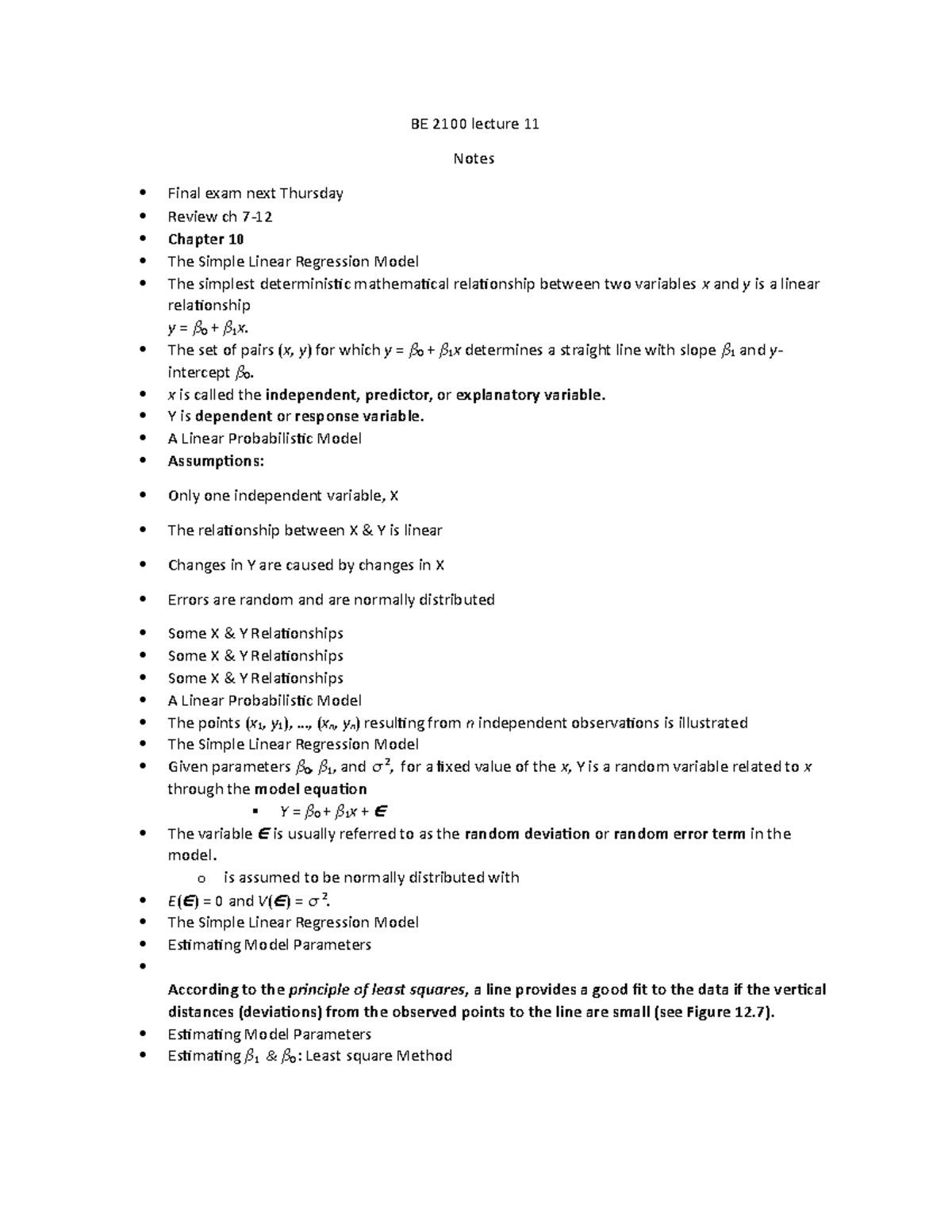 BE 2100 lecture 11 - BE 2100 lecture 11 Notes Final exam next Thursday ...