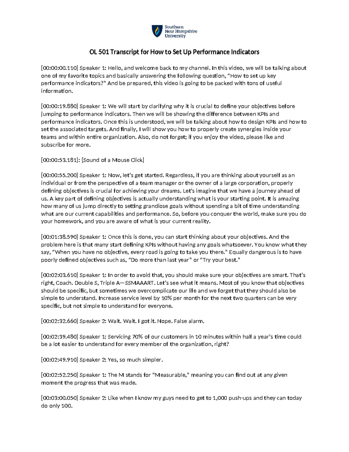 OL 501 Transcript for How to Set Up Performance Indicators - OL 501 Transcript for How to Set Up ...