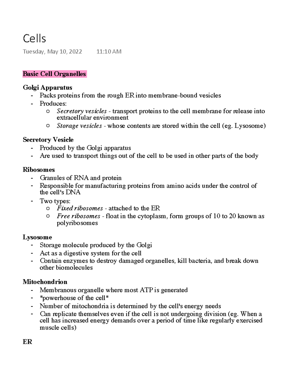 Physiology 2130 Module 3 - Cells - Basic Cell Organelles Golgi ...
