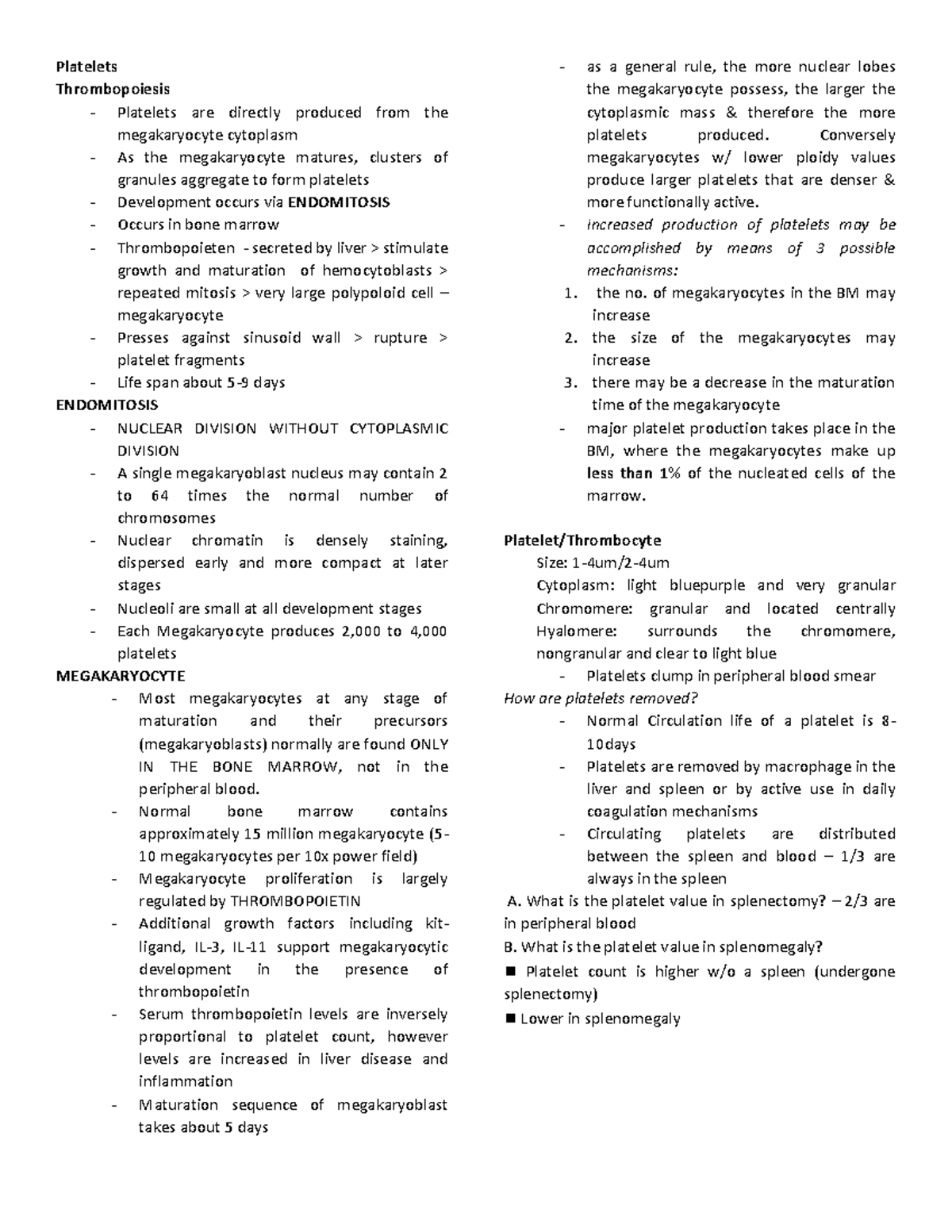 Platelets (Lecture Notes) - Platelets Thrombopoiesis - Platelets are ...