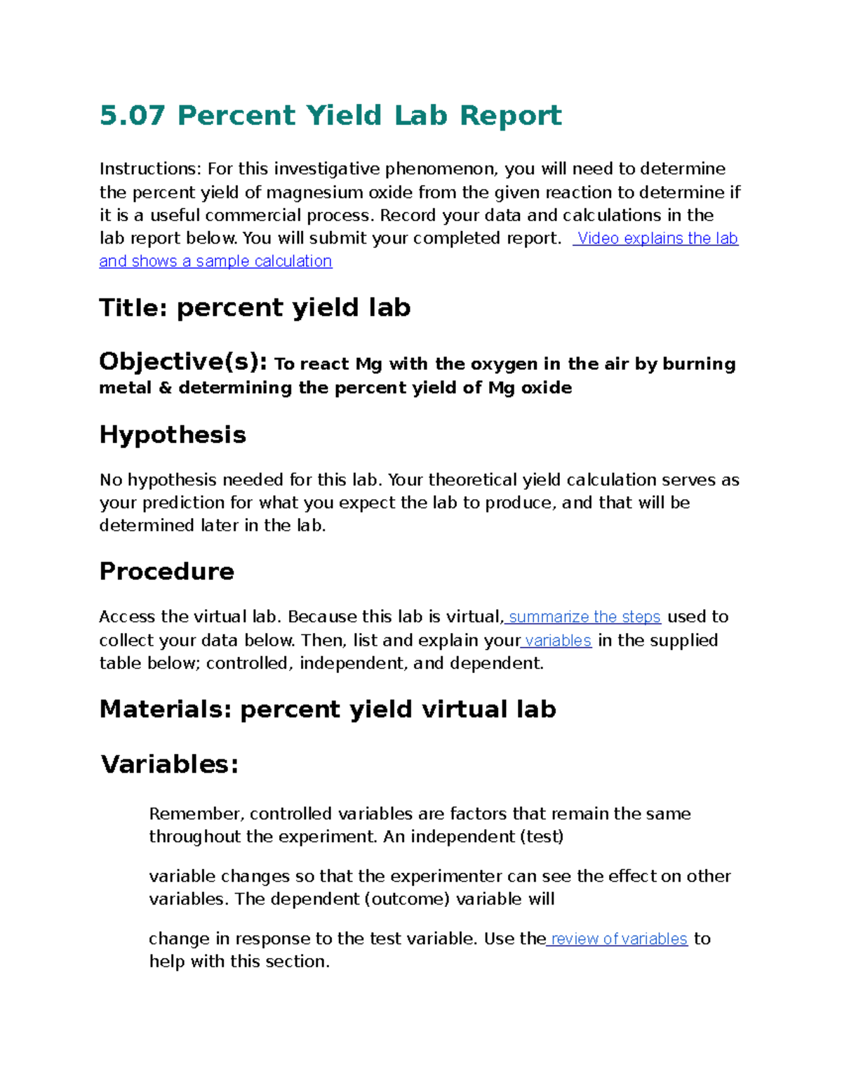 5 - chem notes - 5 Percent Yield Lab Report Instructions: For this ...