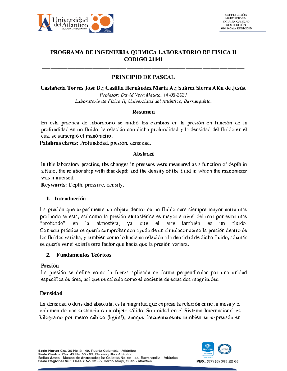 Informe DE LAB. Principio DE Pascal - PROGRAMA DE INGENIERIA QUIMICA LABORATORIO DE FISICA II ...