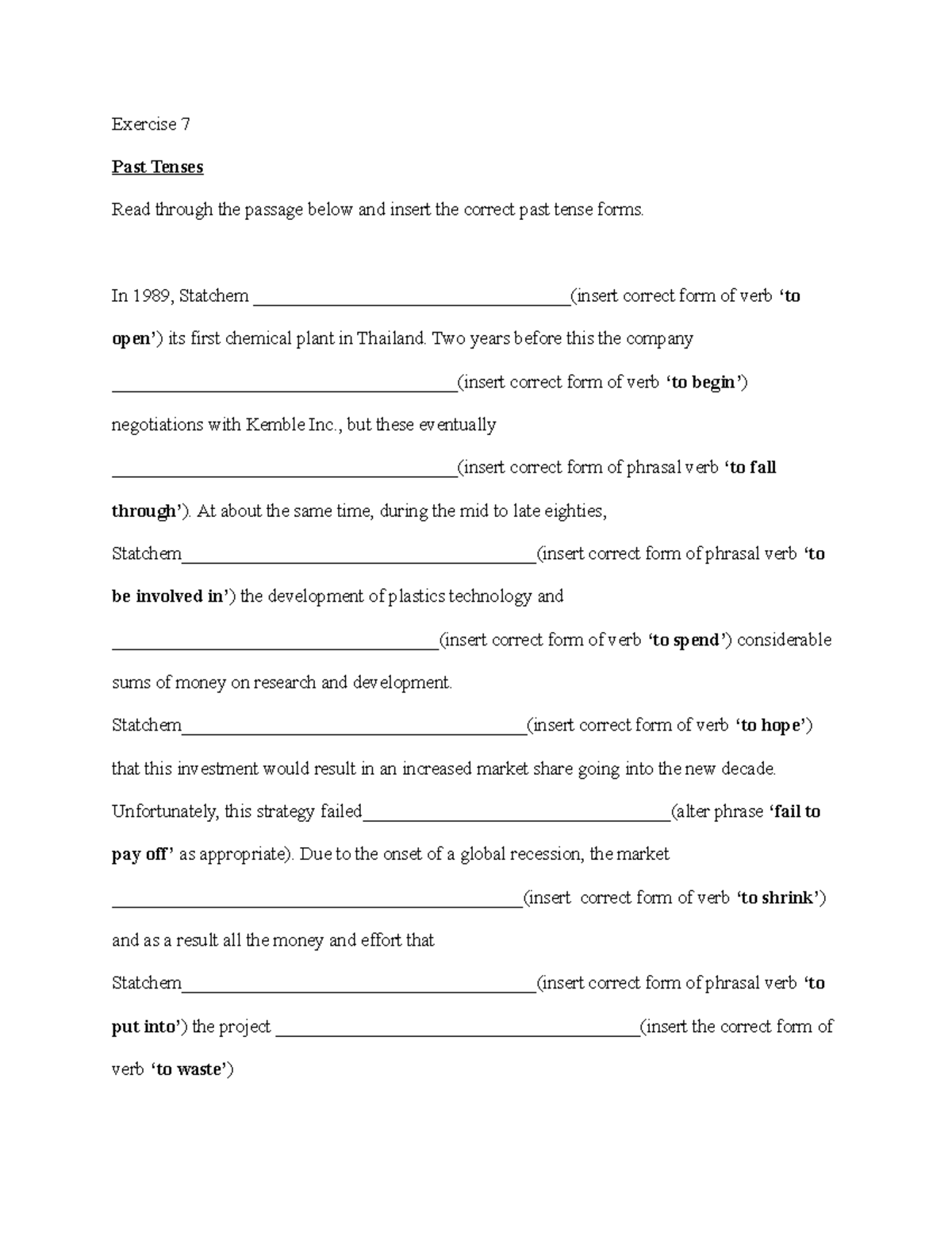 Past Tense Exercise - lecture notes - Exercise 7 Past Tenses Read ...