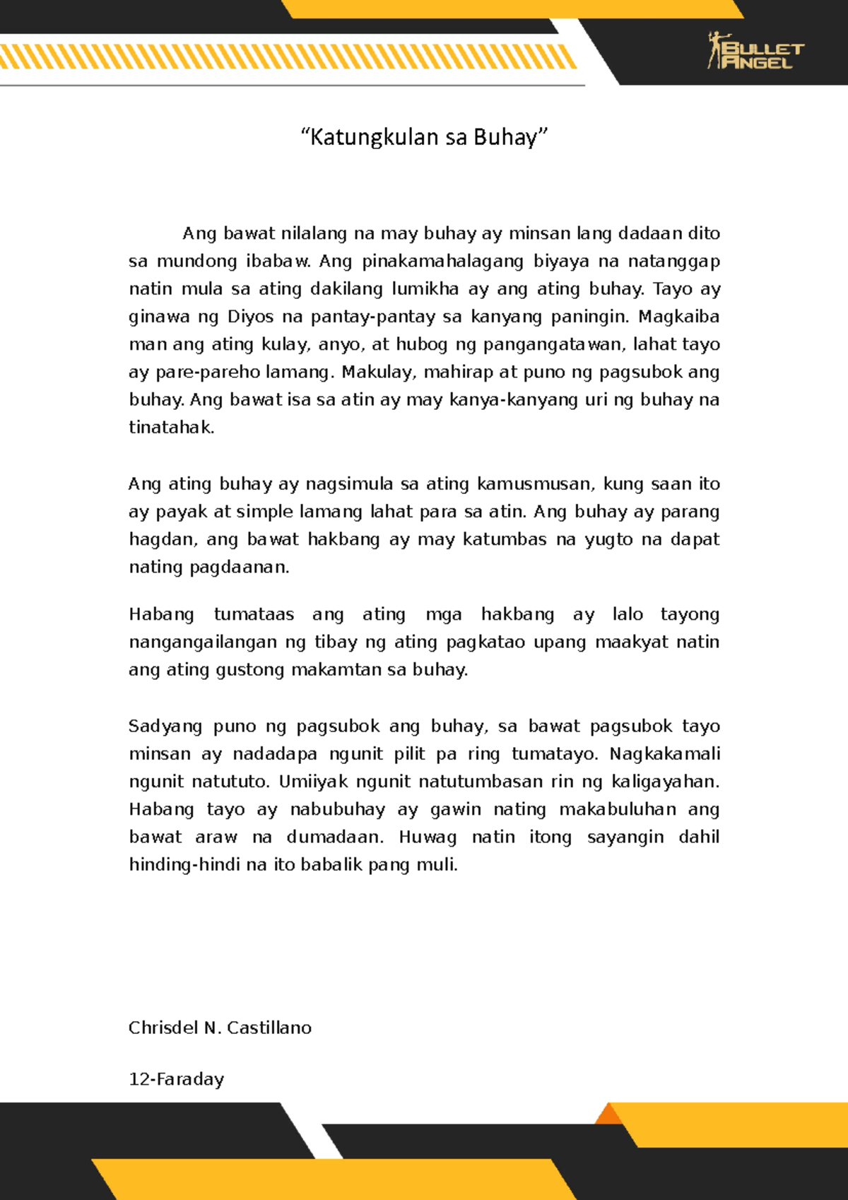 Katungkulan sa - this is a type of talumpati - “Katungkulan sa Buhay ...