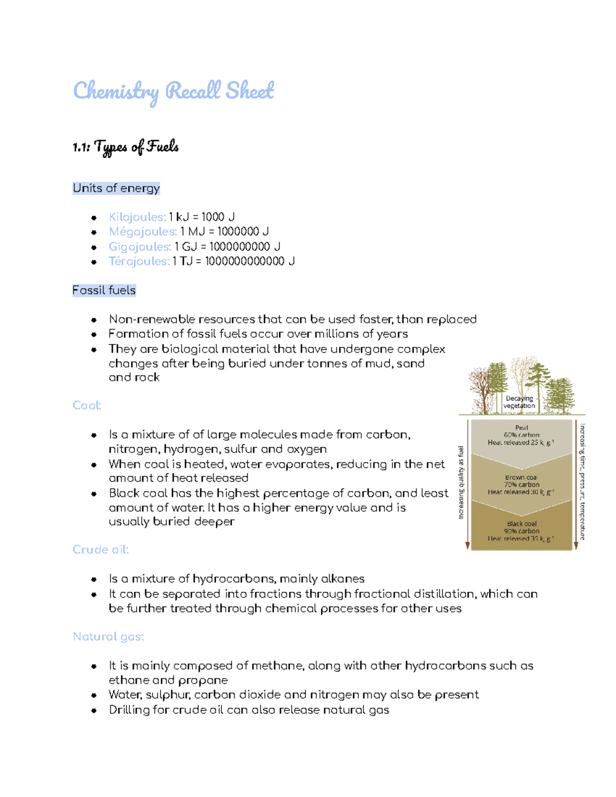 Chemistry Recall Sheet - Chemistr Recal Shee 1: Type of Fuel Units of ...