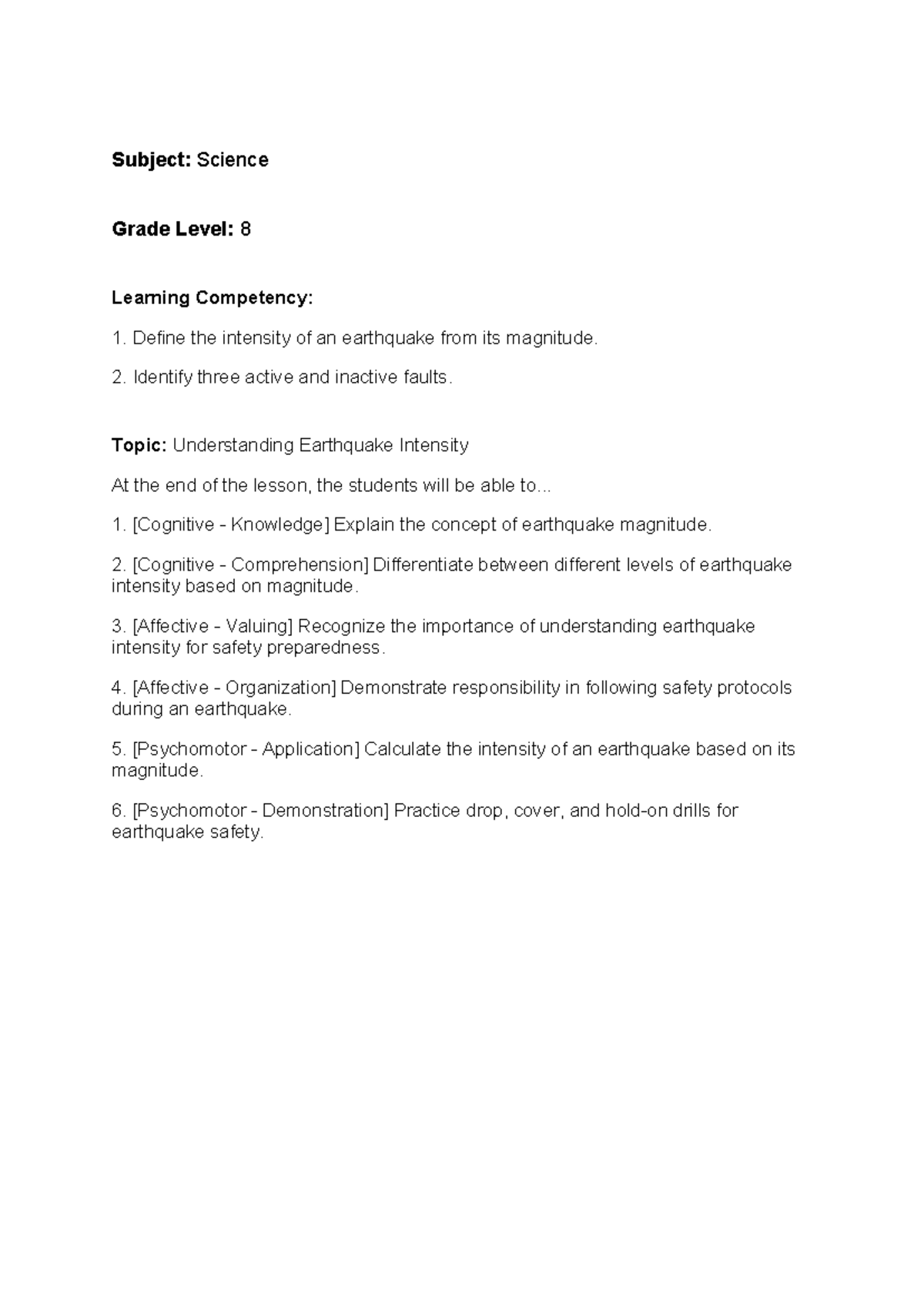 Learning competency - fff - Subject: Science Grade Level: 8 Learning ...