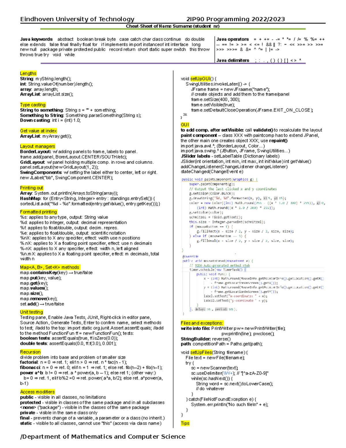 Cheat sheet - Eindhoven University of Technology 2IP90 Programming 2022 ...