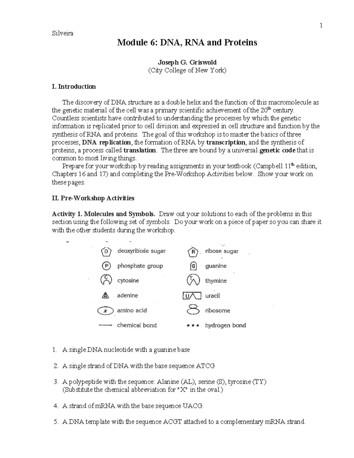 Module 5 DNA-RNA - lecture/workshop notes for Prof. Silveira - Silveira ...