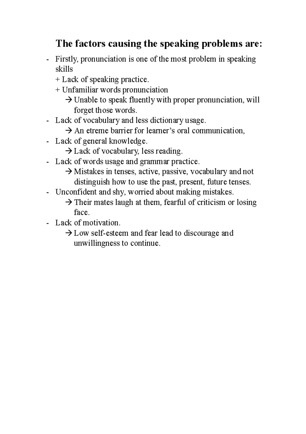 Speaking skills - The factors causing the speaking problems are ...