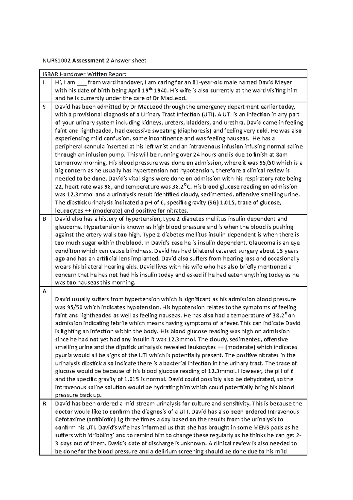 NURS1002 A2 - ISBAR HANDOVER - NURS1002 Assessment 2 Answer sheet ISBAR ...
