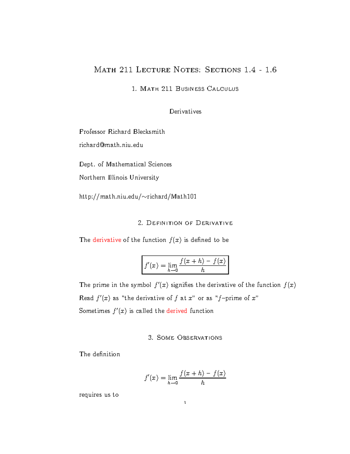Lecture notes, lectures Section 1.1 - 1.8 - Math 211 Lecture Notes ...