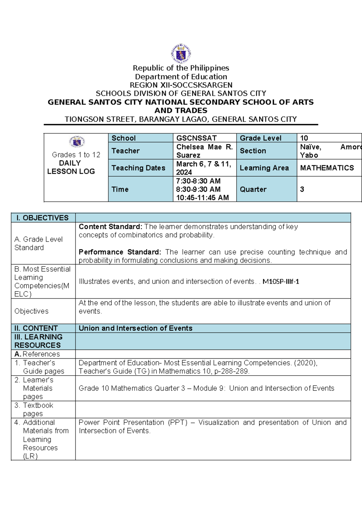 W6 LP1 Events and Union - Republic of the Philippines Department of ...