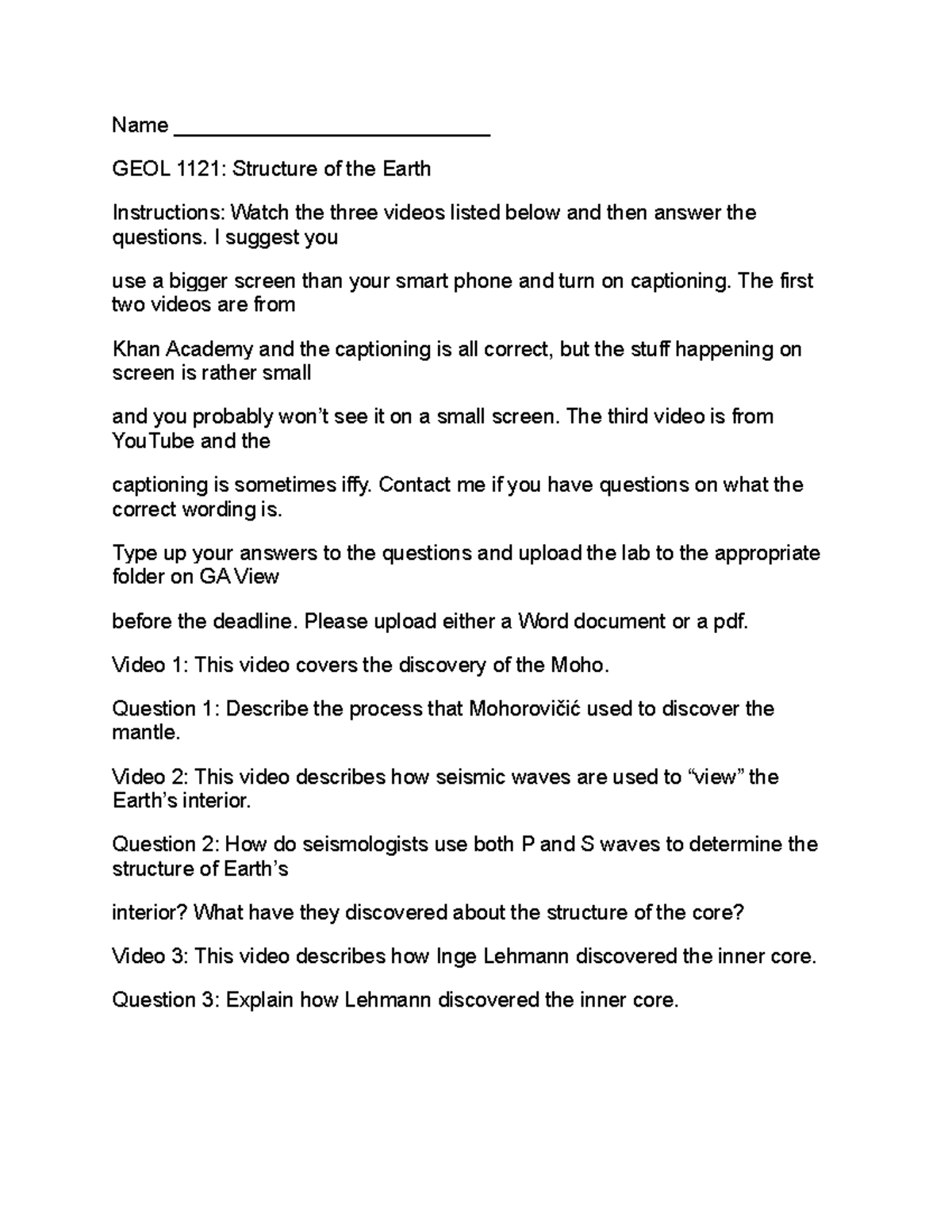 Task - task for lab earth - Name ___________________________ GEOL 1121 ...
