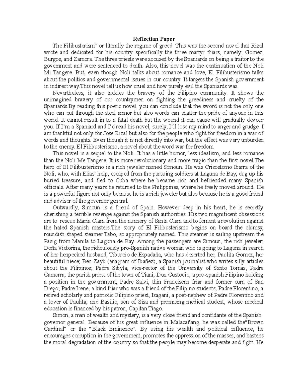 Reaction Paper on El Filibusterismo Steph - Reflection Paper The ...