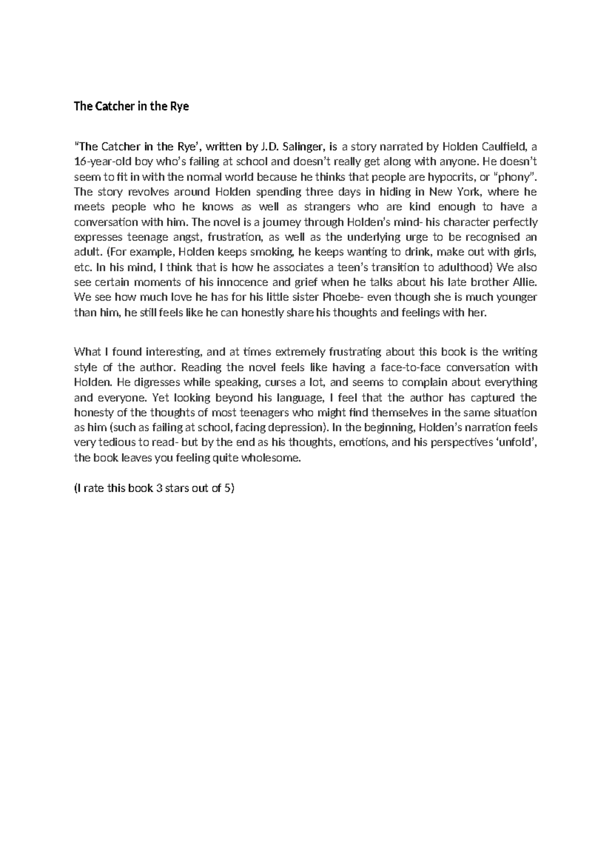 The Catcher in the Rye Review - The Catcher in the Rye “The Catcher in ...
