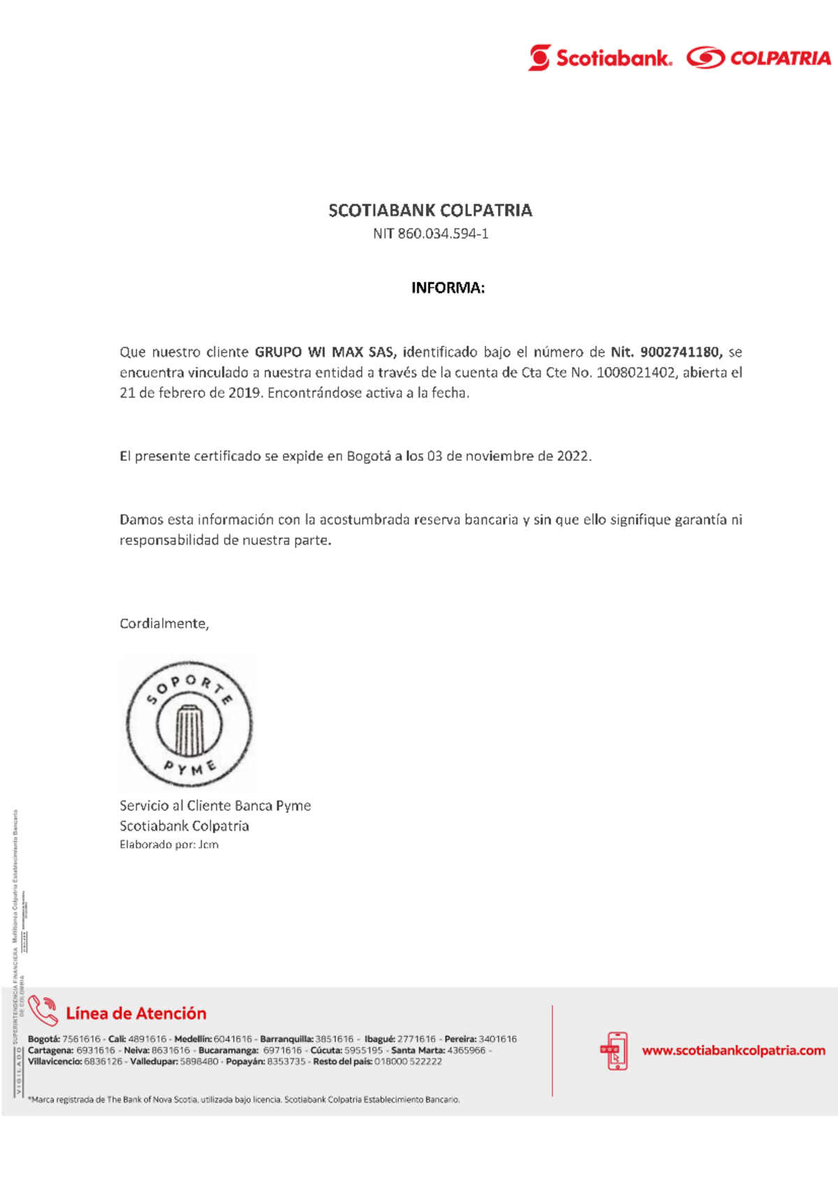 2- Certificación Colpatria wimax - O COLPATRIA SCOTIABANK COLPATRIA NIT ...