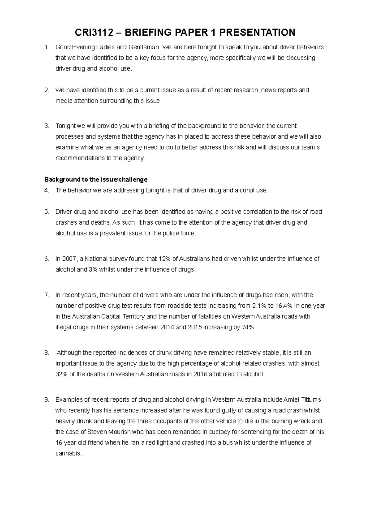CRI3112 Briefing Paper 1 Presentation CRI3112 BRIEFING PAPER 1