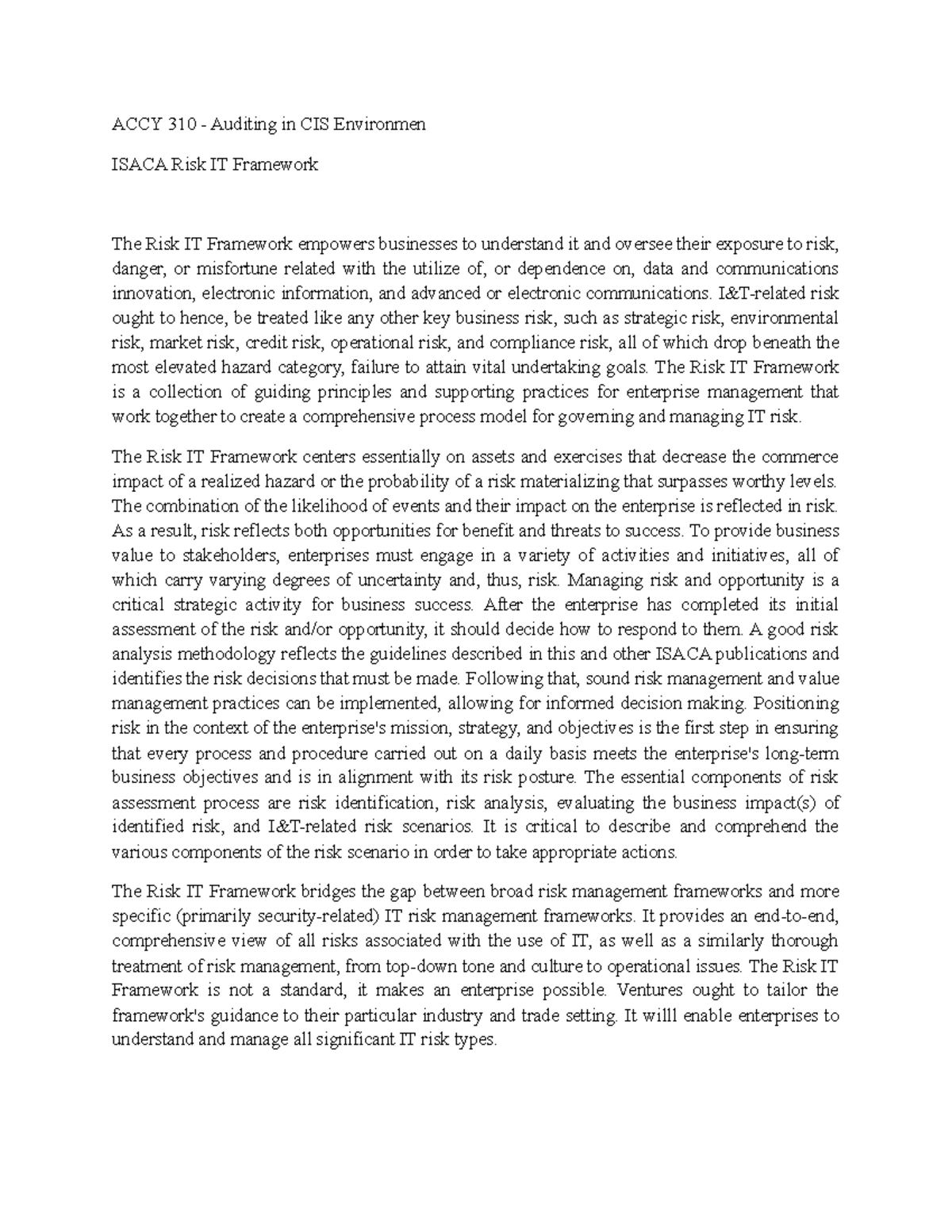 Isaca Risk IT Framework - ACCY 310 - Auditing in CIS Environmen ISACA ...