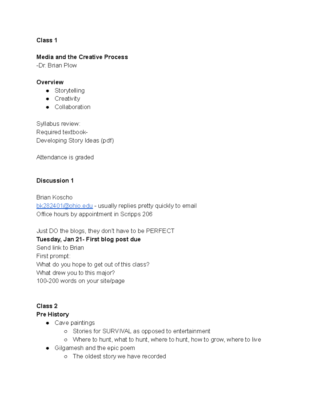 MDIA 1020 Media and the Creative Process - Class 1 Media and the ...