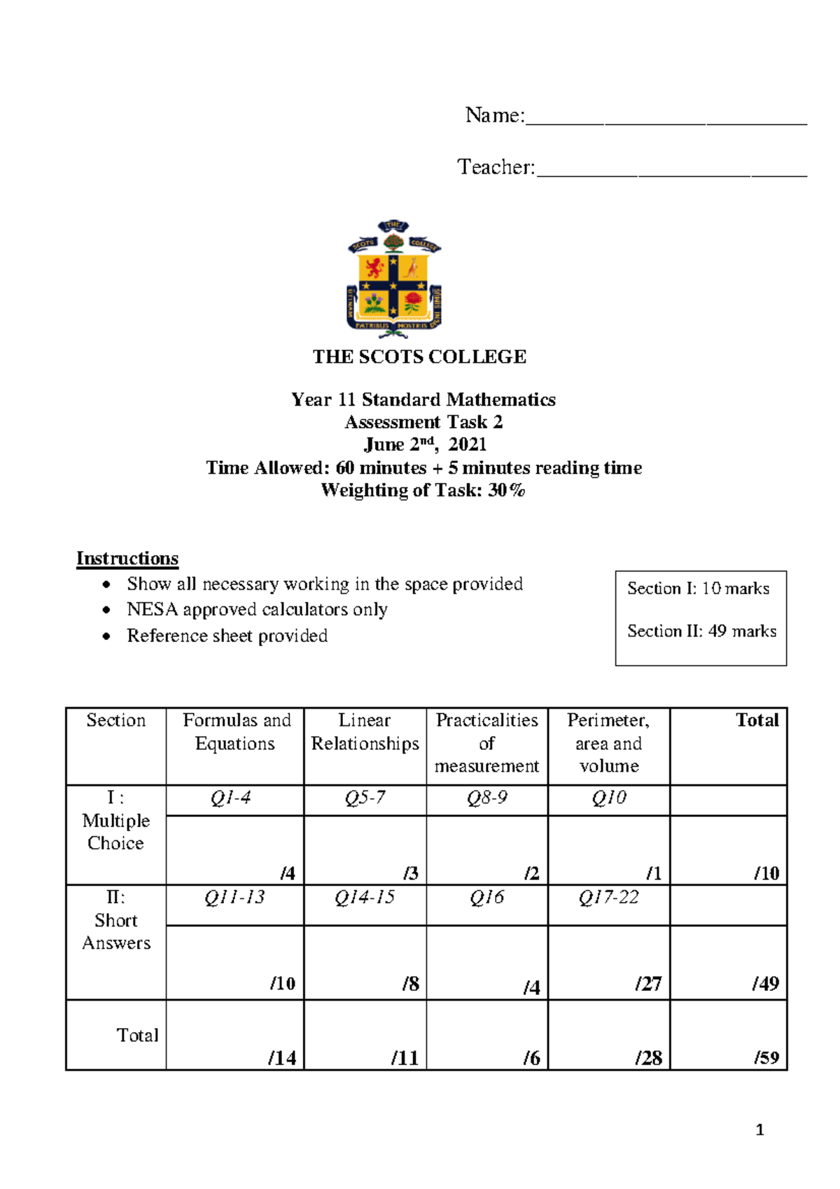 2021 Year 11 Standard Task 2 Exam - Name:_________________________ Teacher ...