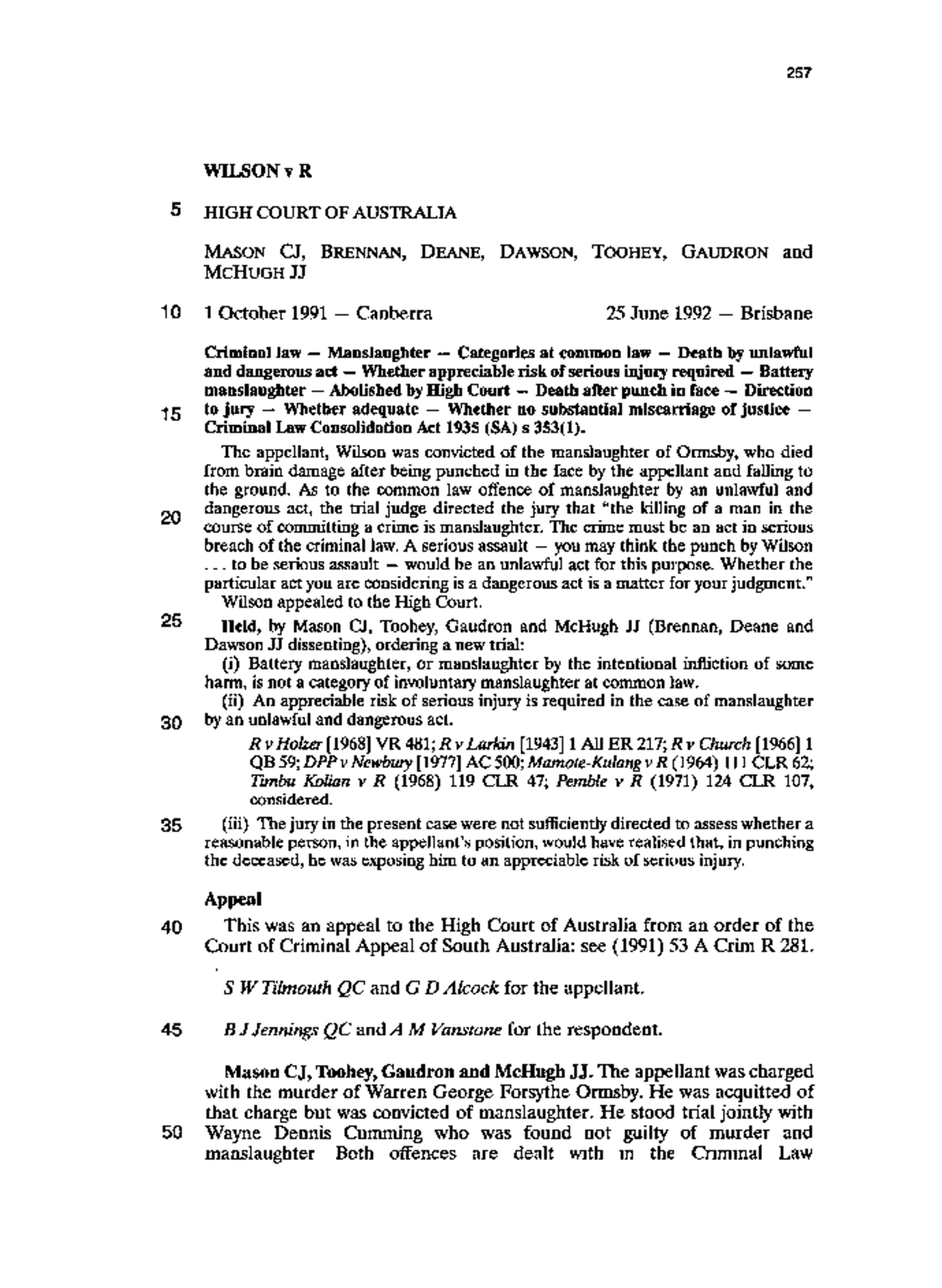 Wilson v R 1992 - Case law from Australian courts - LAWS 2030 - Studocu