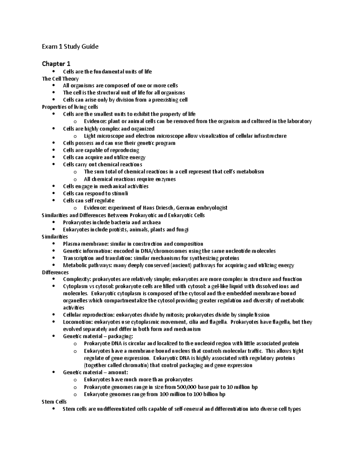 Exam 1 Study Guide, yoder - Exam 1 Study Guide Chapter 1 Cells are the ...