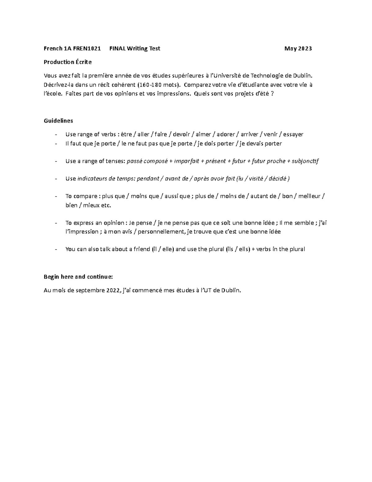 French 1A Writing Test 2023 - French 1A FREN1021 FINAL Writing Test May ...