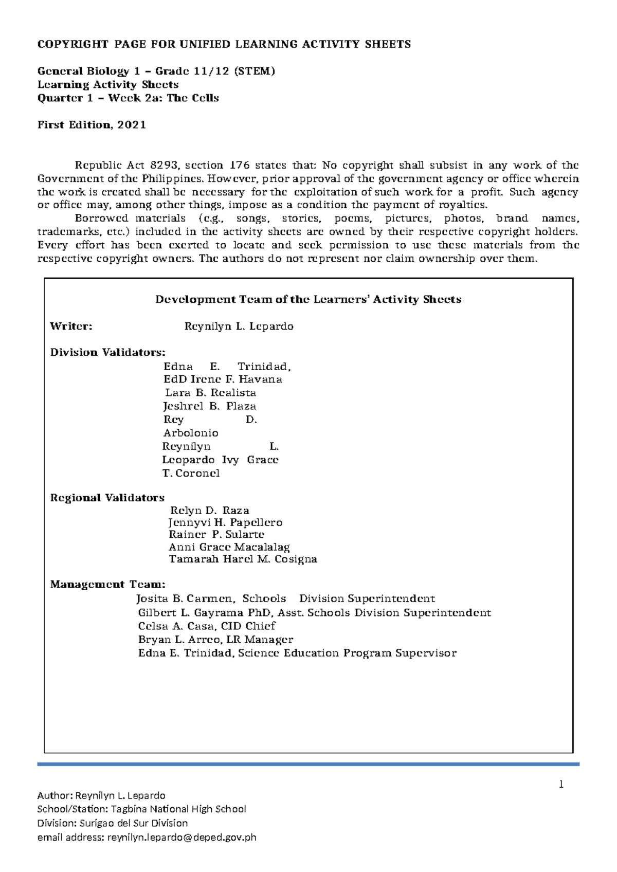 GB1 Q1 Week 2a The Cells - this helps you - 1 Author: Reynilyn L ...