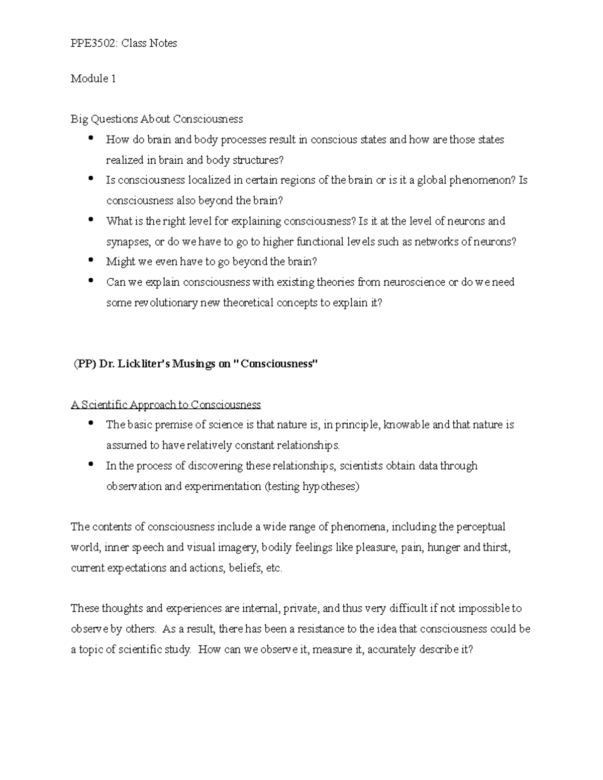 PPE3502-Module 1Notes - Module 1 Big Questions About Consciousness How ...