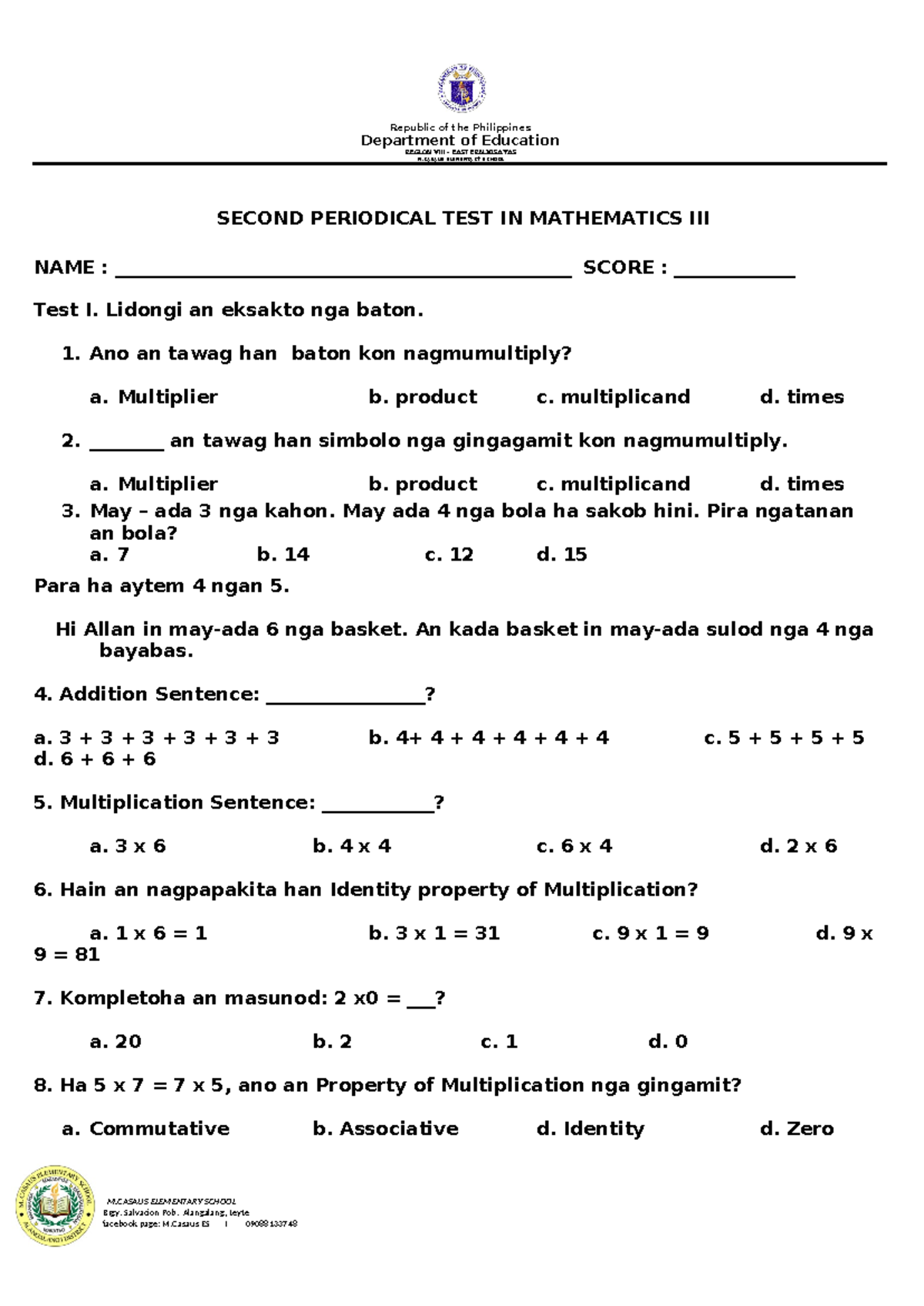 Sample Periodical Test in Math 3 2023 - Department of Education ...