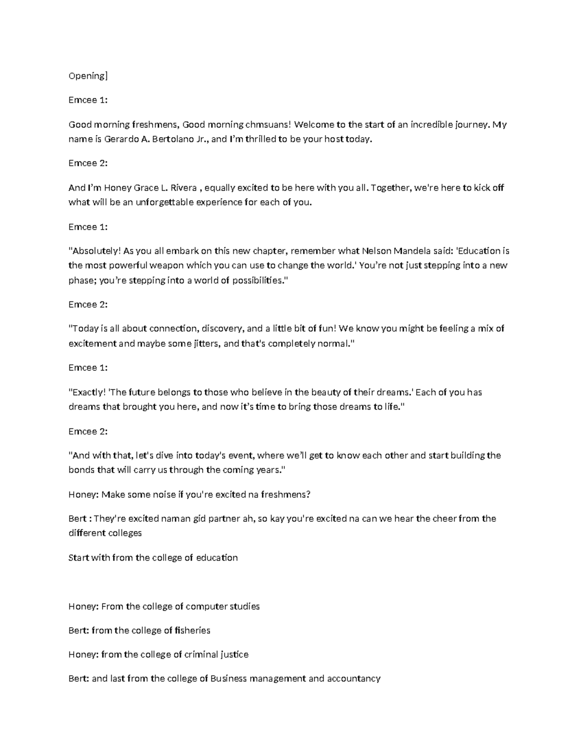 Emcee Script - Helpful jud ni - Opening] Emcee 1: Good morning ...