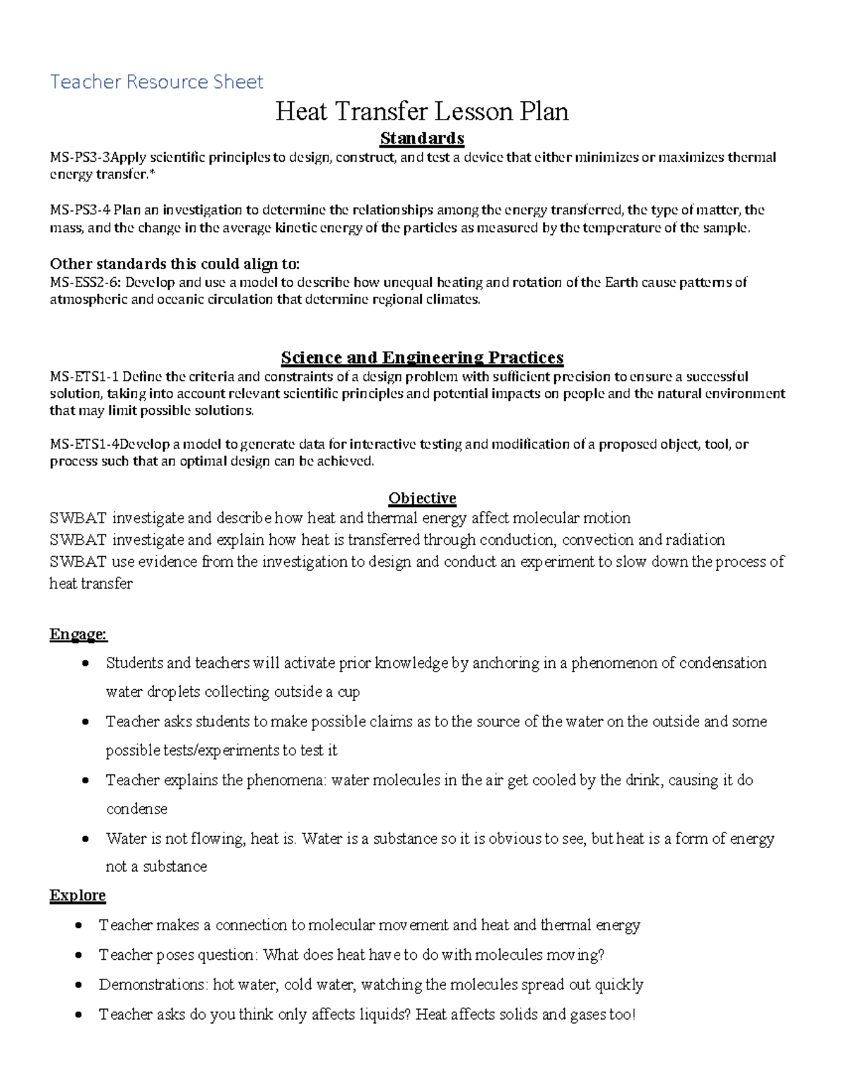 MS.Science - Plan - Teacher Resource Sheet Heat Transfer Lesson Plan ...