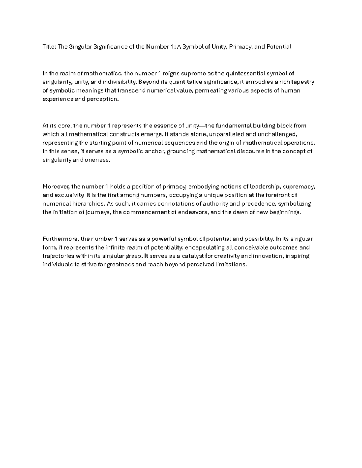 SD1 - Title: The Singular Significance of the Number 1: A Symbol of ...