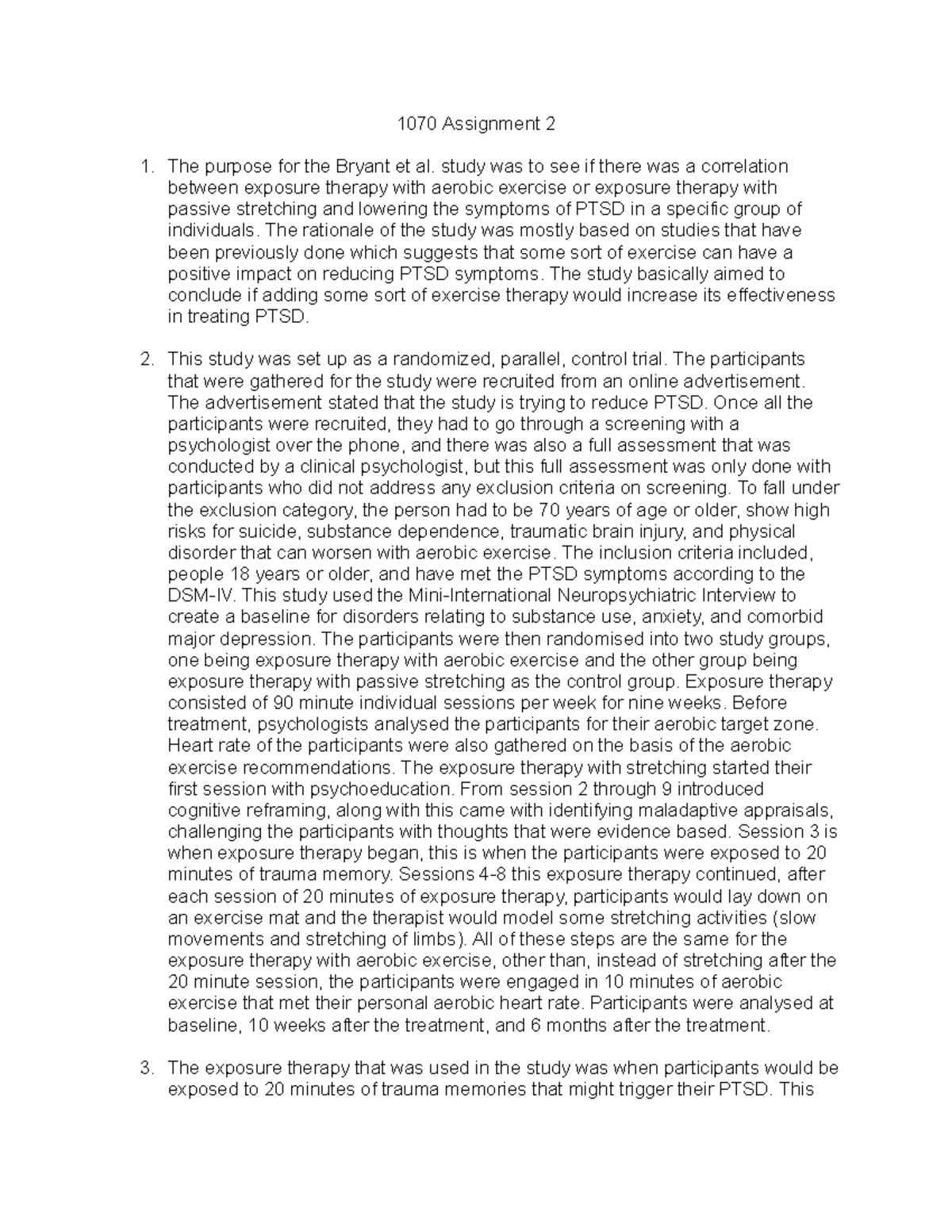 1070 Assignment 2 - 1070 Assignment 2 The purpose for the Bryant et al ...
