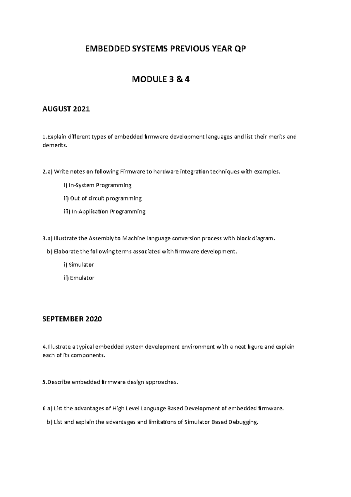 Es Prev Qp M3 M4 Previous Year Questions Module 3 And Module 4 Embedded Systems Previous