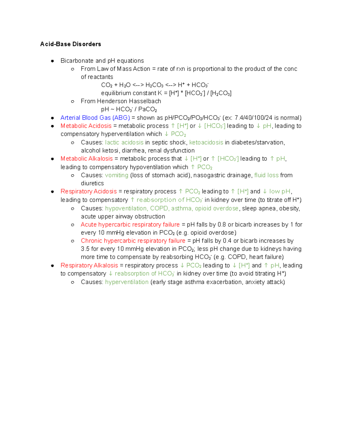 Acid and Base Disorder - Summary Study Notes - Acid-Base Disorders ...