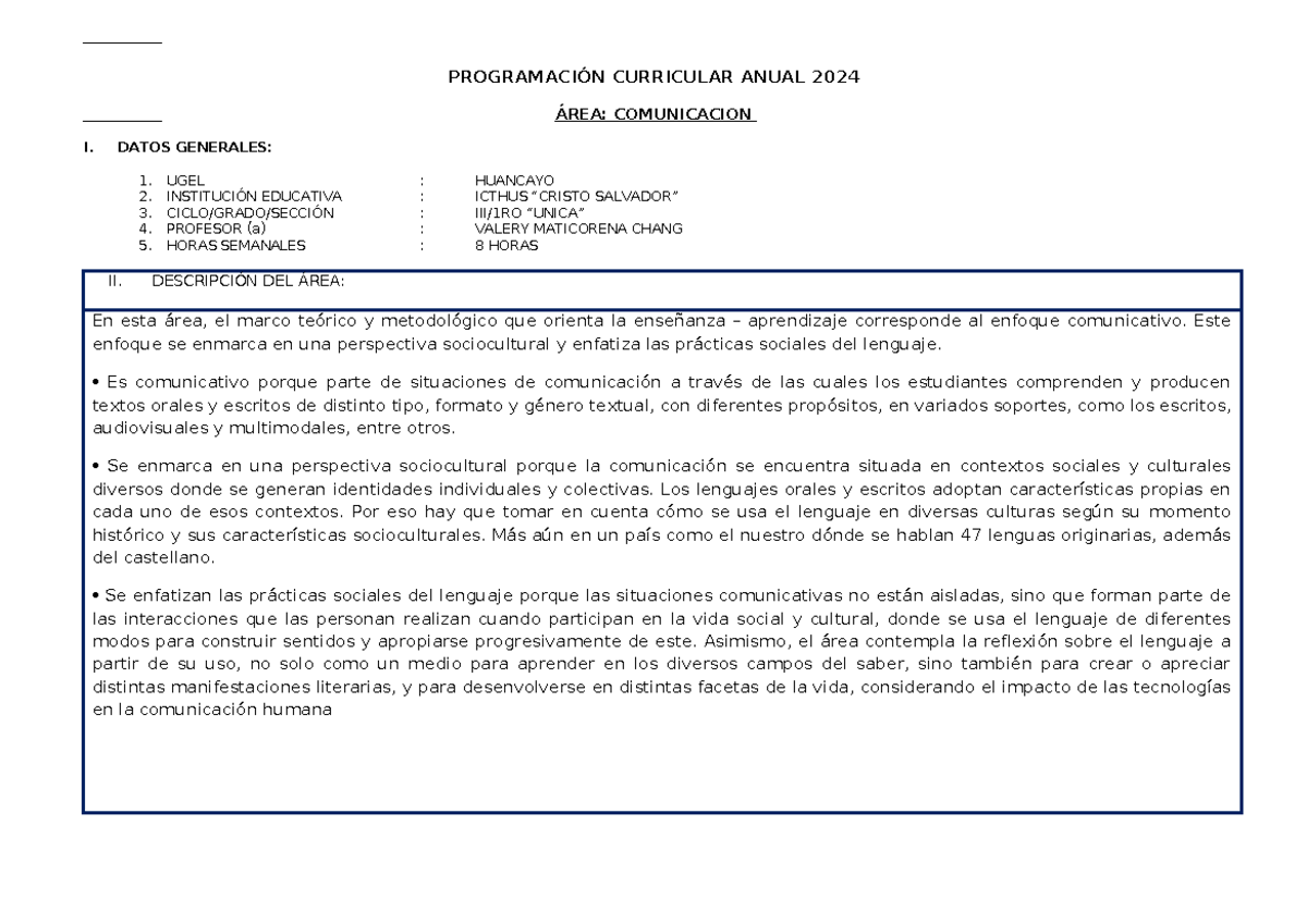 Programación Curricular Anual 2024 - 1RO Comunicacion - PROGRAMACIÓN CURRICULAR ANUAL 2024 ÁREA ...