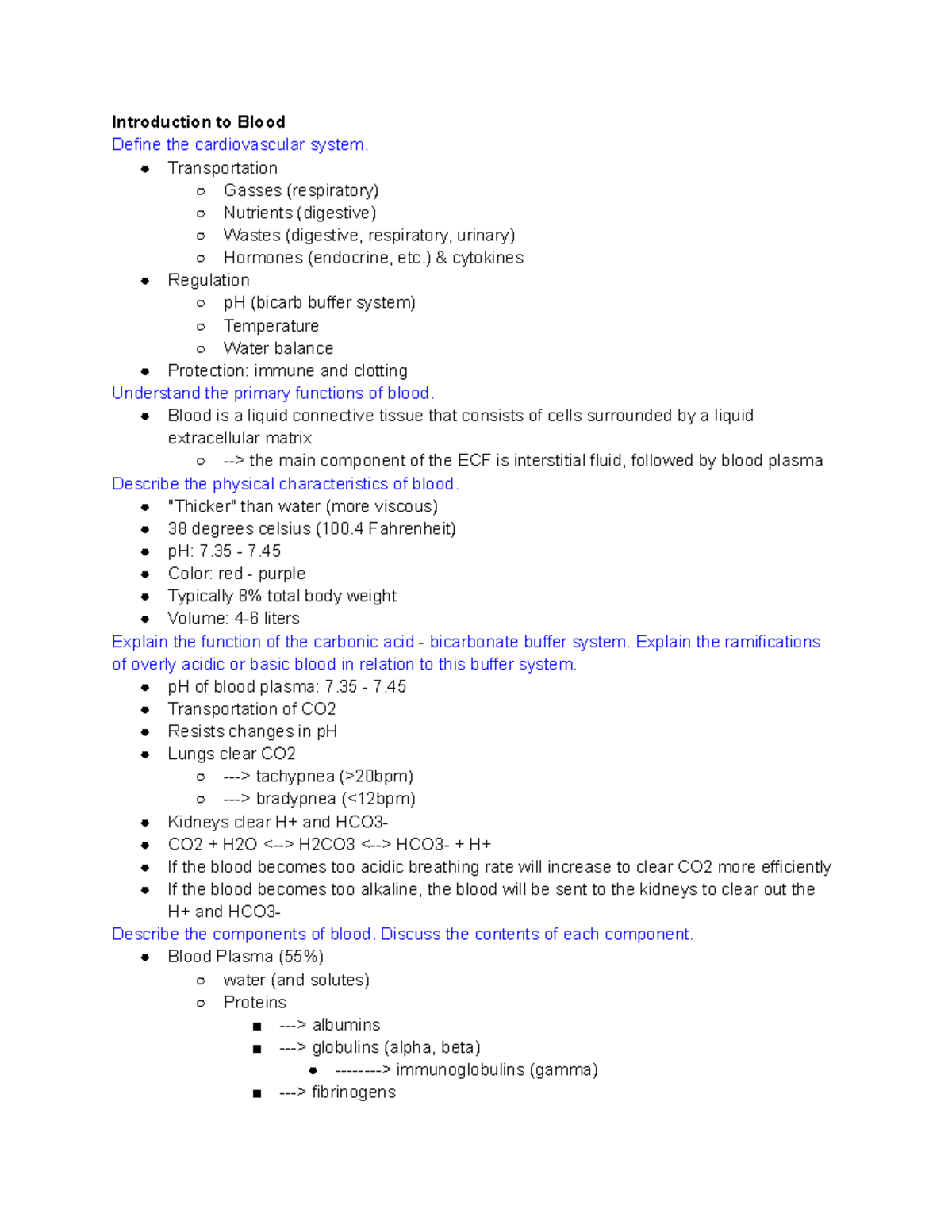 Blood learning objectives - Introduction to Blood Define the ...
