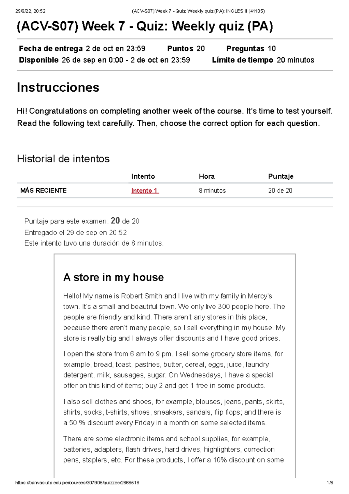 (ACV-S07) Week 7 - Quiz Weekly quiz (PA) Ingles II (41105) - (ACV-S07 ...