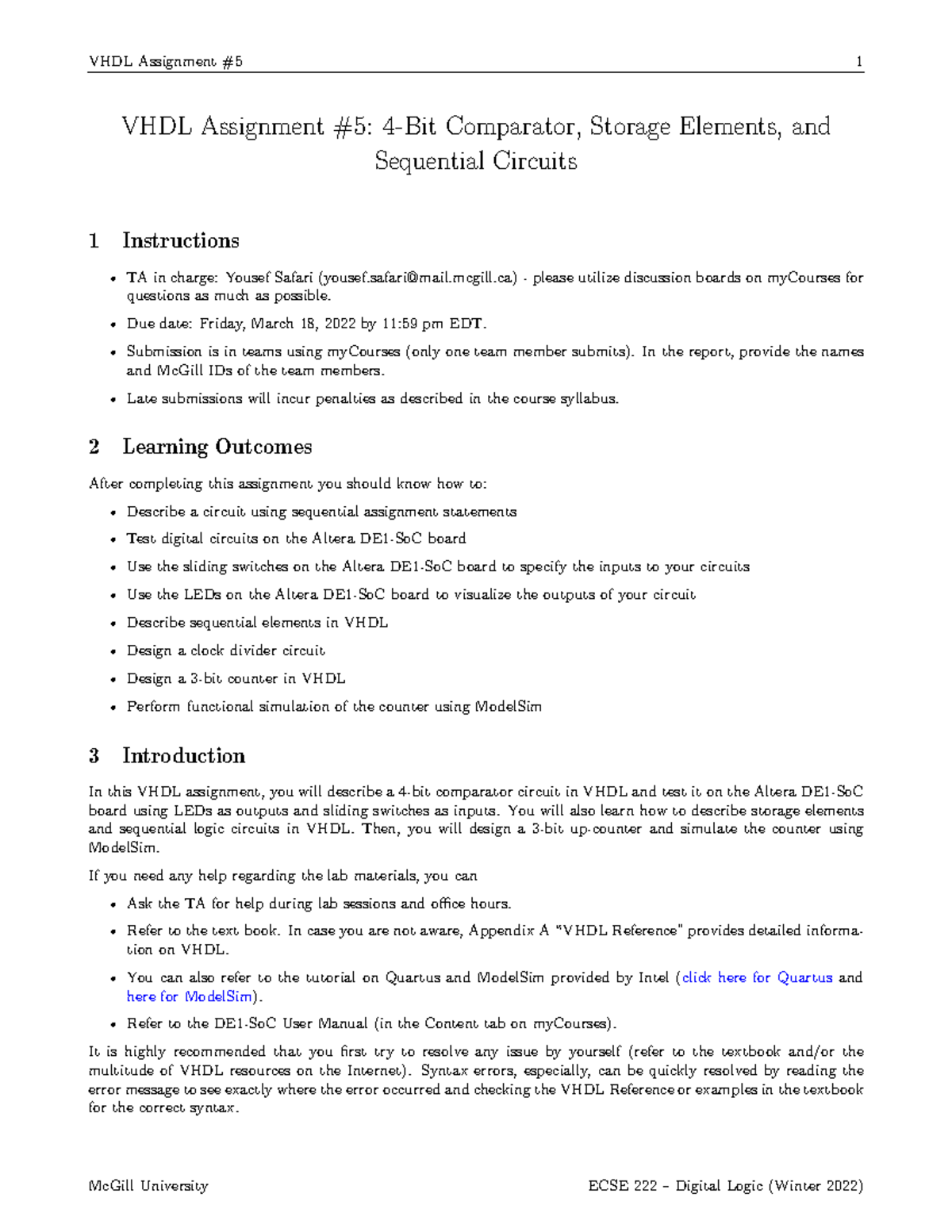 ECSE 222 W2022 VHDL 5 - lab5 - VHDL Assignment #5: 4-Bit Comparator, Storage Elements, and - Studocu