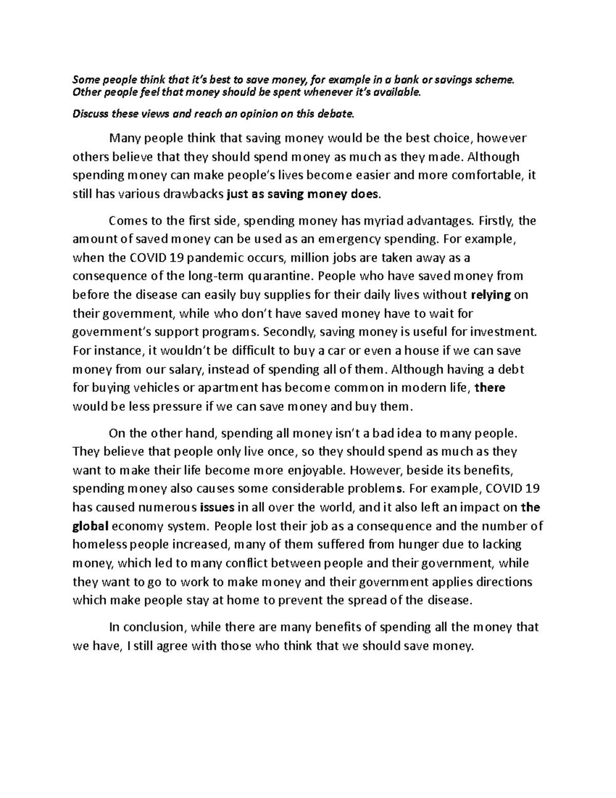 Writing 8 - essay mẫu - Some people think that it’s best to save money ...