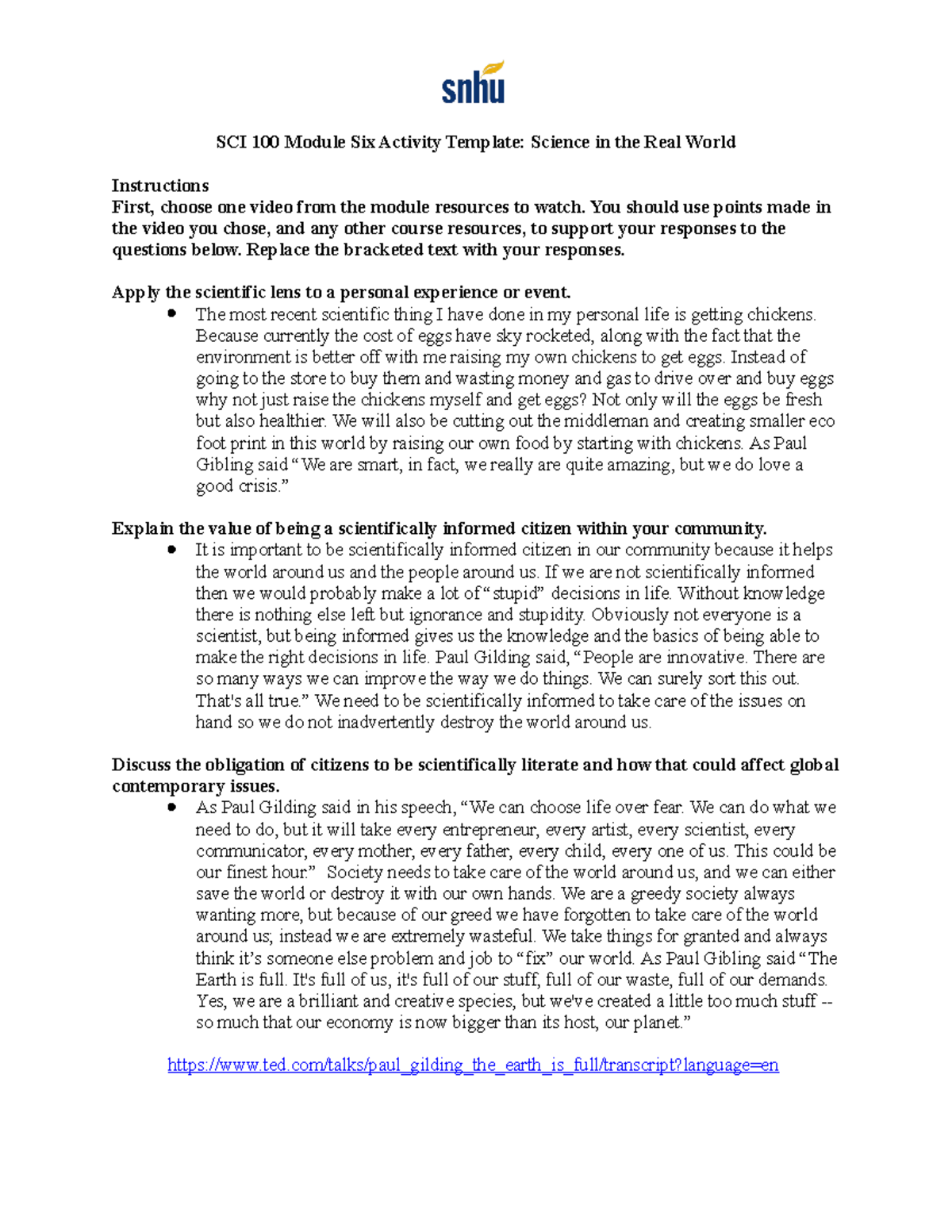 SCI 100 Module Six Activity Template - You should use points made in ...