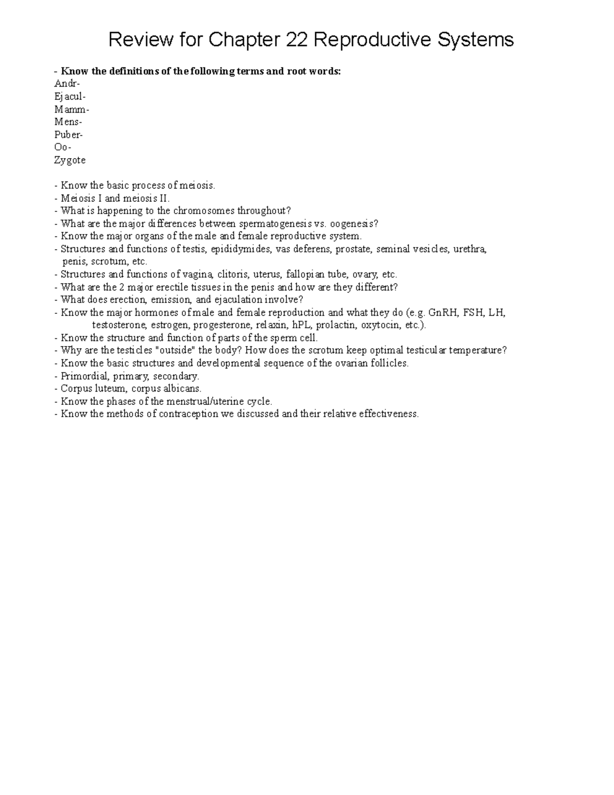BIO 116 117 118 Exam Review Chapter 22 Reproductive Systems - Review ...