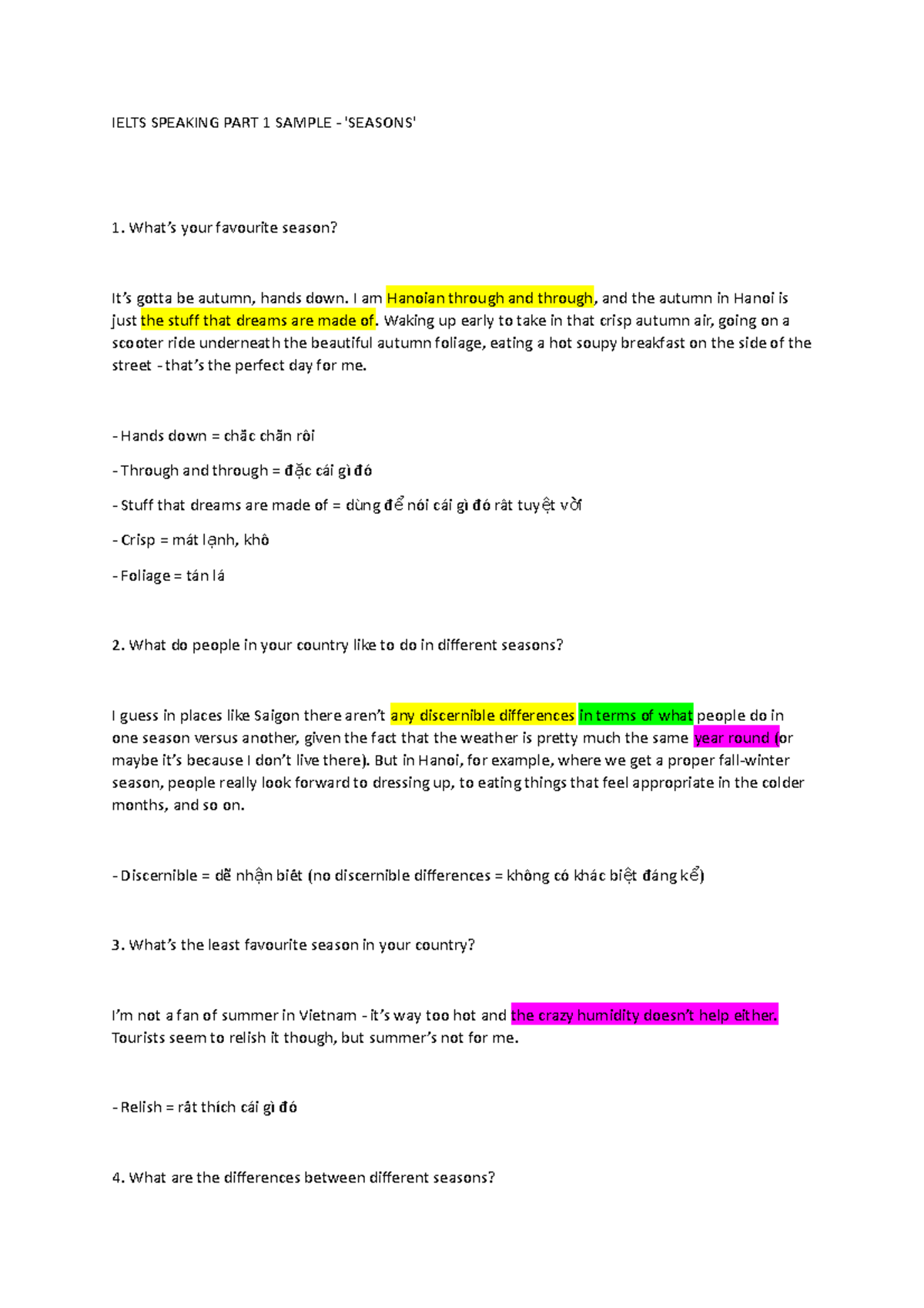 Ielts Speaking PART 1 Sample - IELTS SPEAKING PART 1 SAMPLE - 'SEASONS ...