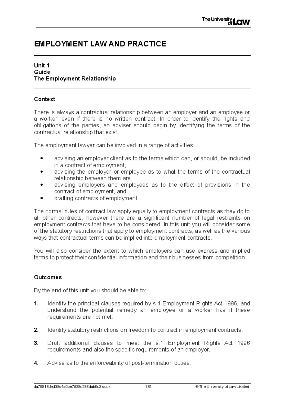 Workshop 1 - notes for tutorial 1 - EMPLOYMENT LAW AND PRACTICE Unit 1 ...