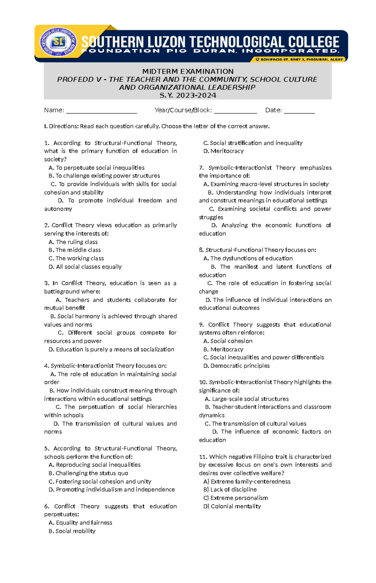 Midterm EXAM Profed 5 - This document consists 50-item test about the ...