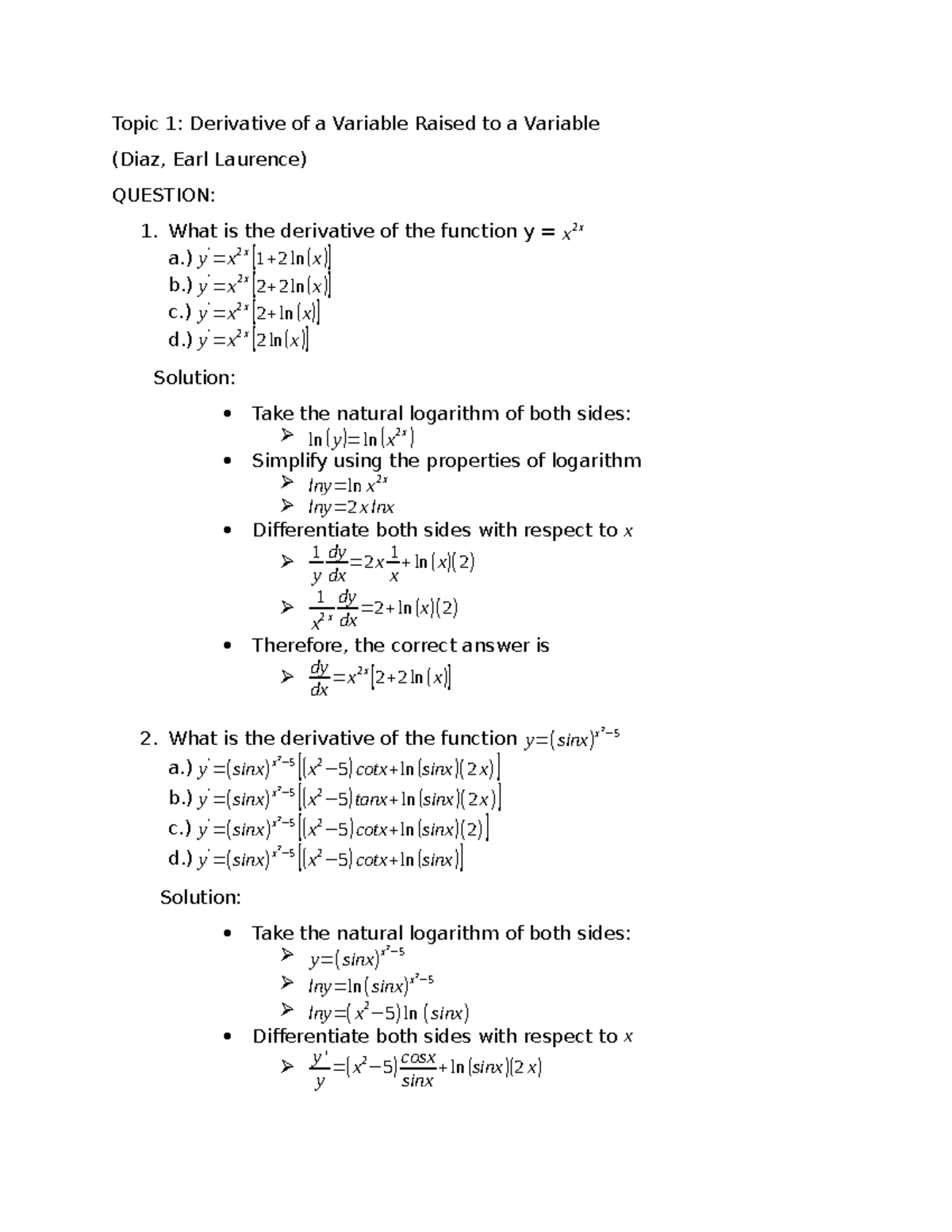 CALCULUS Topic 1 - Topic 1: Derivative of a Variable Raised to a ...