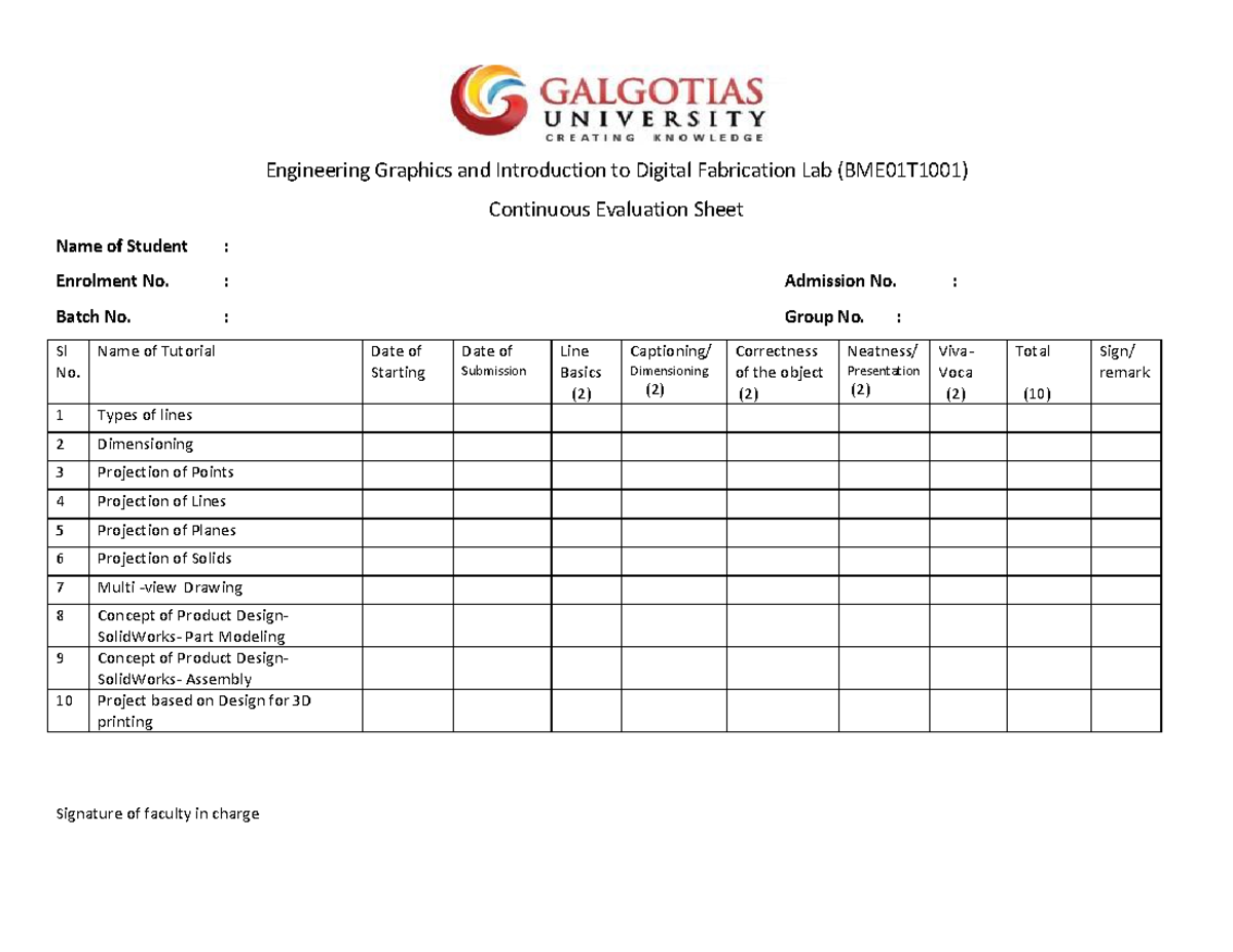 Continuous evaluation sheet - Engineering Graphics and Introduction to ...