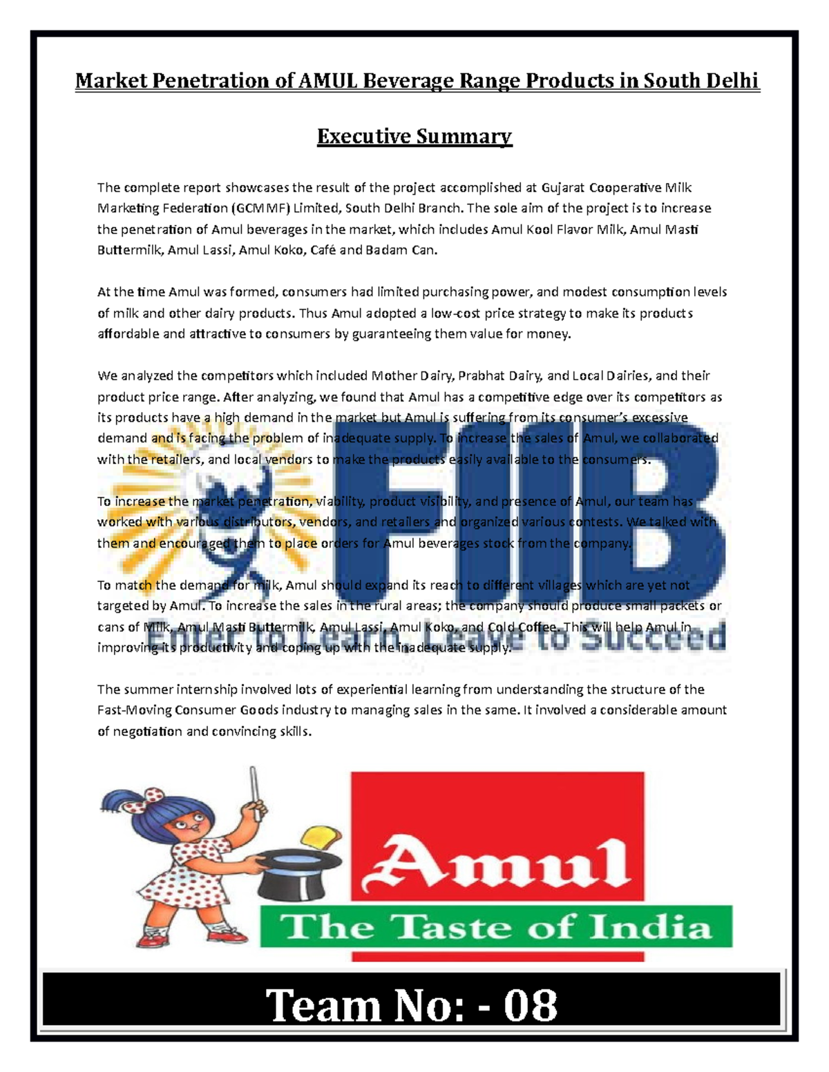 Amul Executive Summary rewrite Final - Market Penetration of AMUL ...