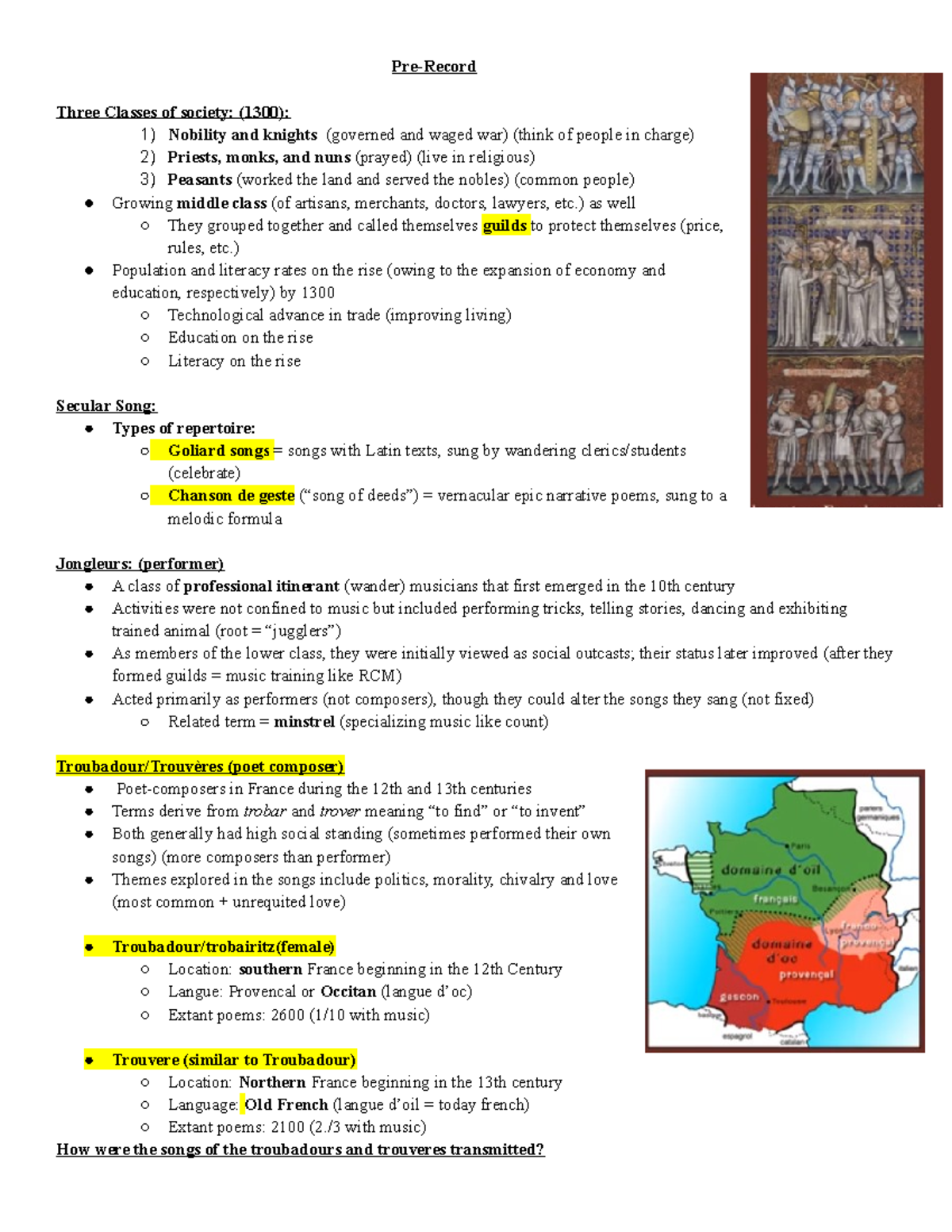 MU270 class note #4 (9 22) - Pre-Record Three Classes of society: (1300 ...